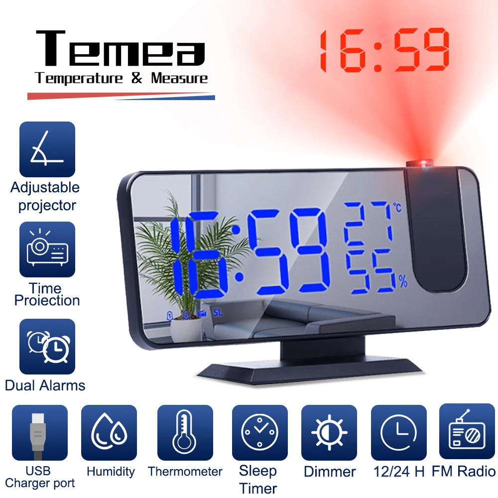 Temea Led Digital Projection Alarm Clock Bedroom Electric Alarm Clock ...