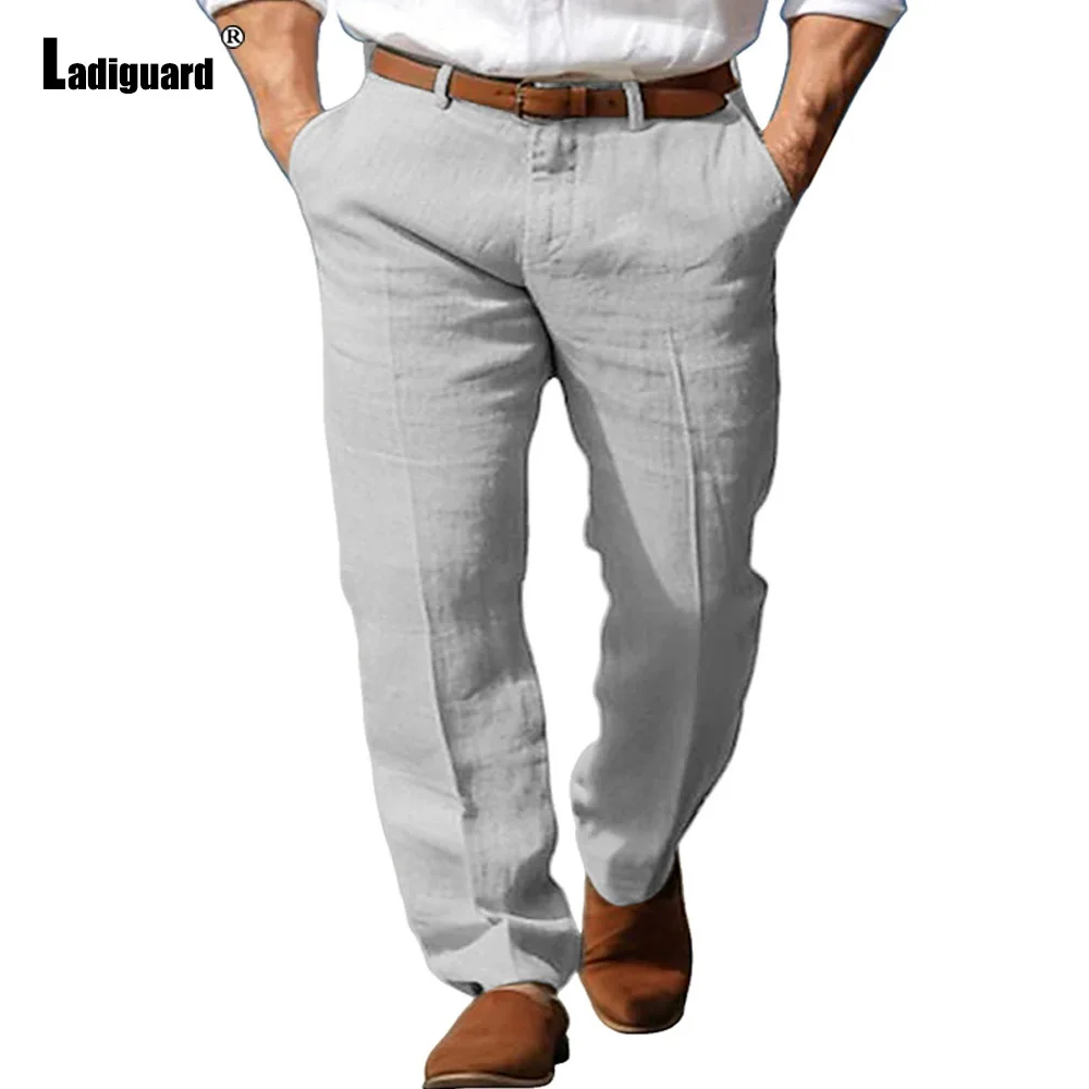 Men's Stand Pockets Cotton Linen Pants Solid Light Gray Ankle-Length ...