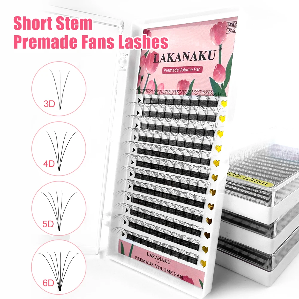 LAKANAKU Short Stem Russian Eyelash Extension Premade Volume Fans 3d/4d ...