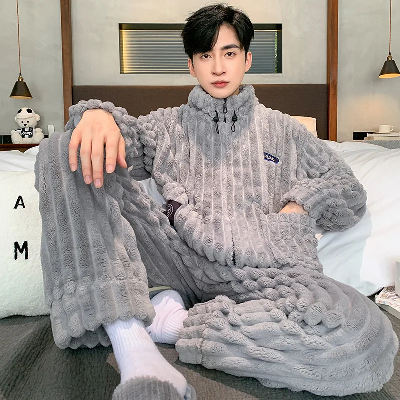 Coral-Fleece-Men-Winter-Warm-Pajamas-Sets-Stand-Collar-Fluffy-Coat-Long ...