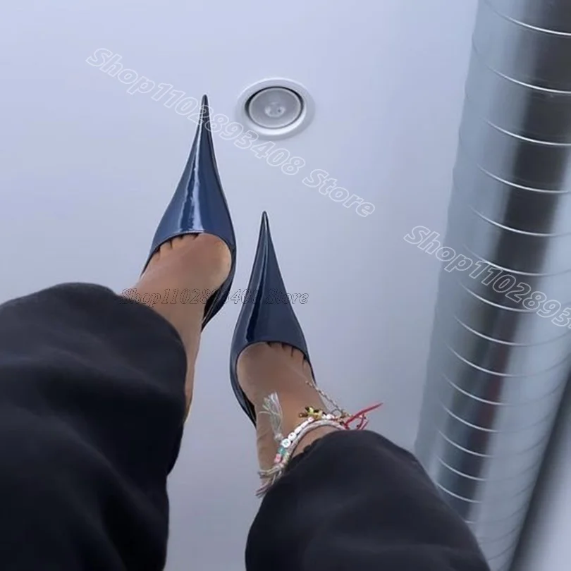 Blue Slingback Pointed Toe Stiletto Slippers Patent Leather Summer ...