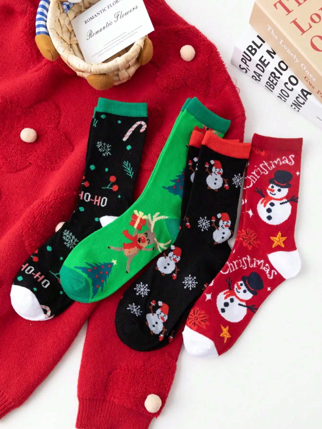 4 pairs/sets Ladies Christmas color contrast snowman Santa Claus, elk ...