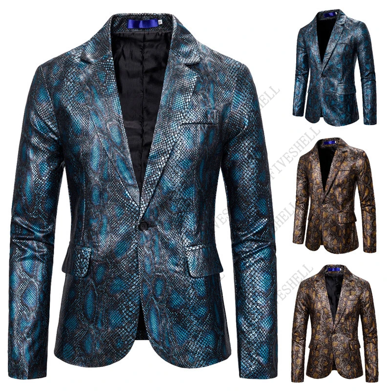 Vintage Snake Pattern Print Tuxedo Blazer Men One Button Slim Suit ...