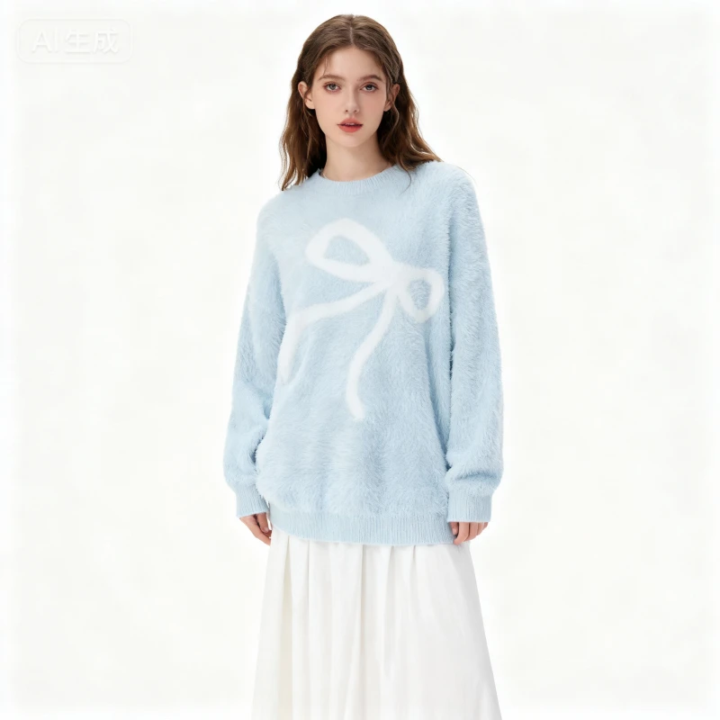 Nueva llegada de las mujeres azul claro suéter de punto peludo patrón ...