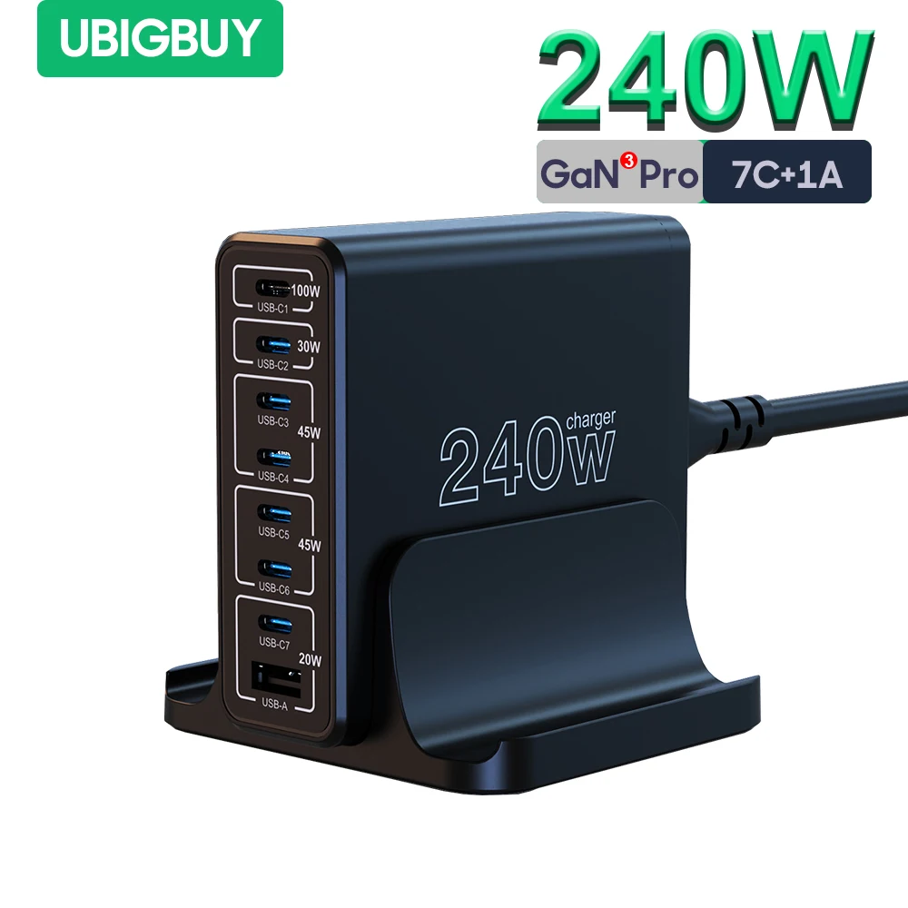 Ubigbuy 240W GaN Desktop Charging Station 8 Ports USB C PD 100W PPS 45W Super Fast Charger for ...