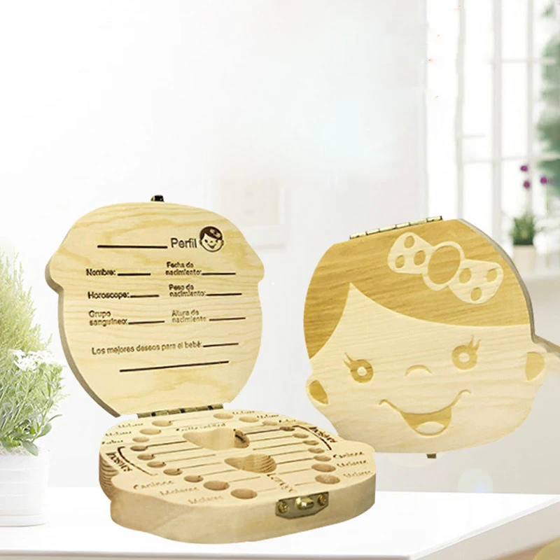Baby Wood Tooth Box Organizer Milk Teeth Storage Language Spain English ...
