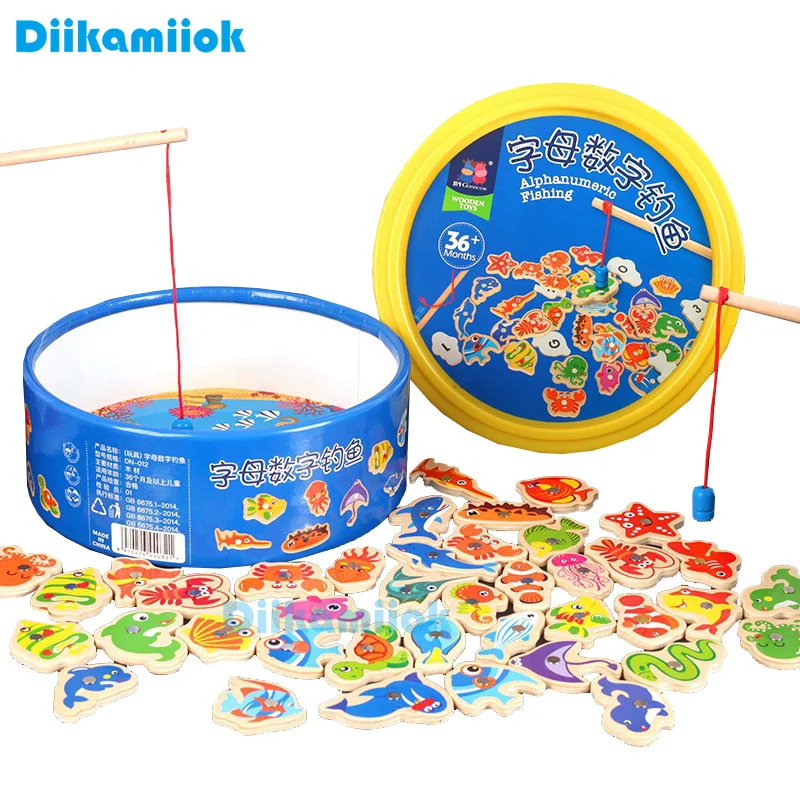 New Hot 41pcs Fish Wooden Fishing Toy Magnetic Baby Digital Alphabet ...