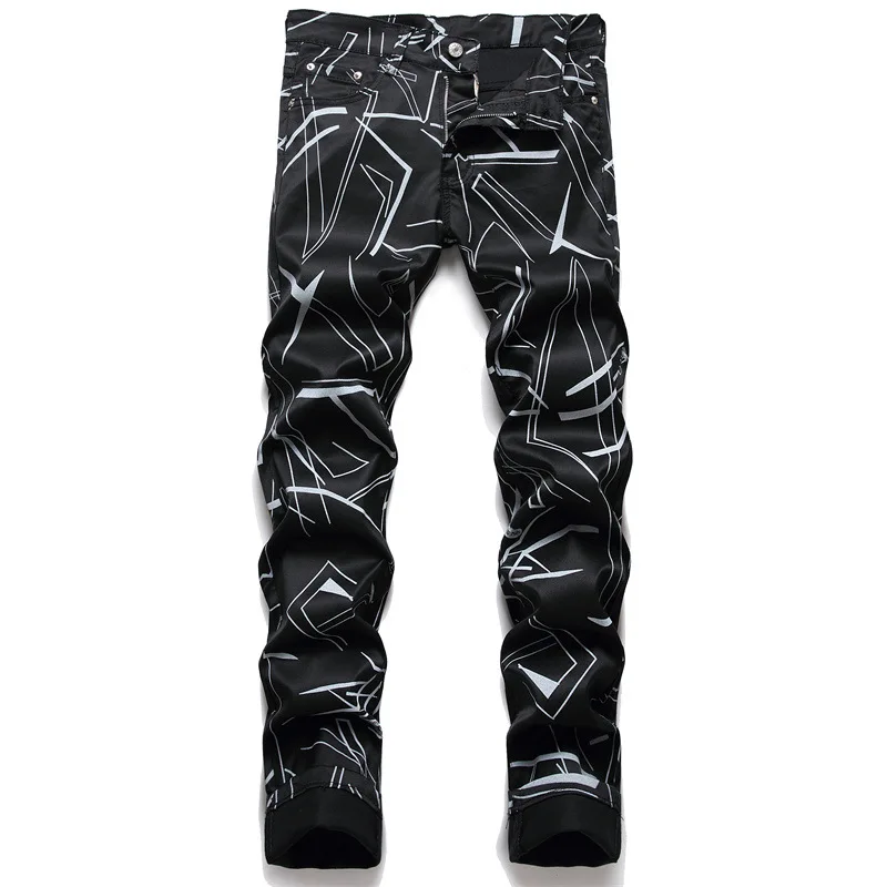 Men's Digital Print Jeans Fashion Pattern Painted Stretch Denim Pants ...