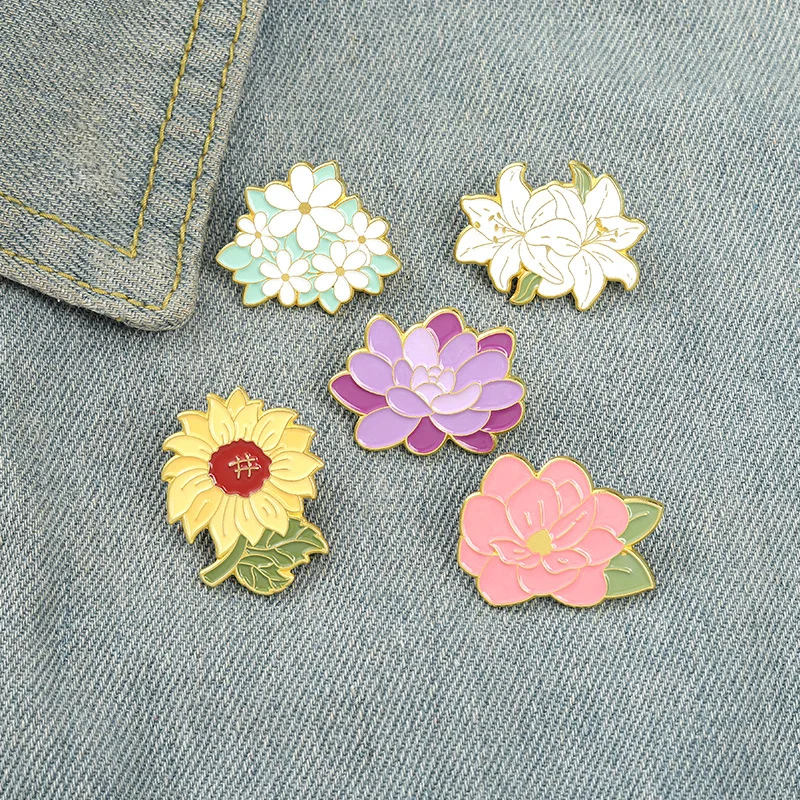 Cartoon Spring Floral Flower Enamel Lapel Pins Colorful Peony Sunflower ...