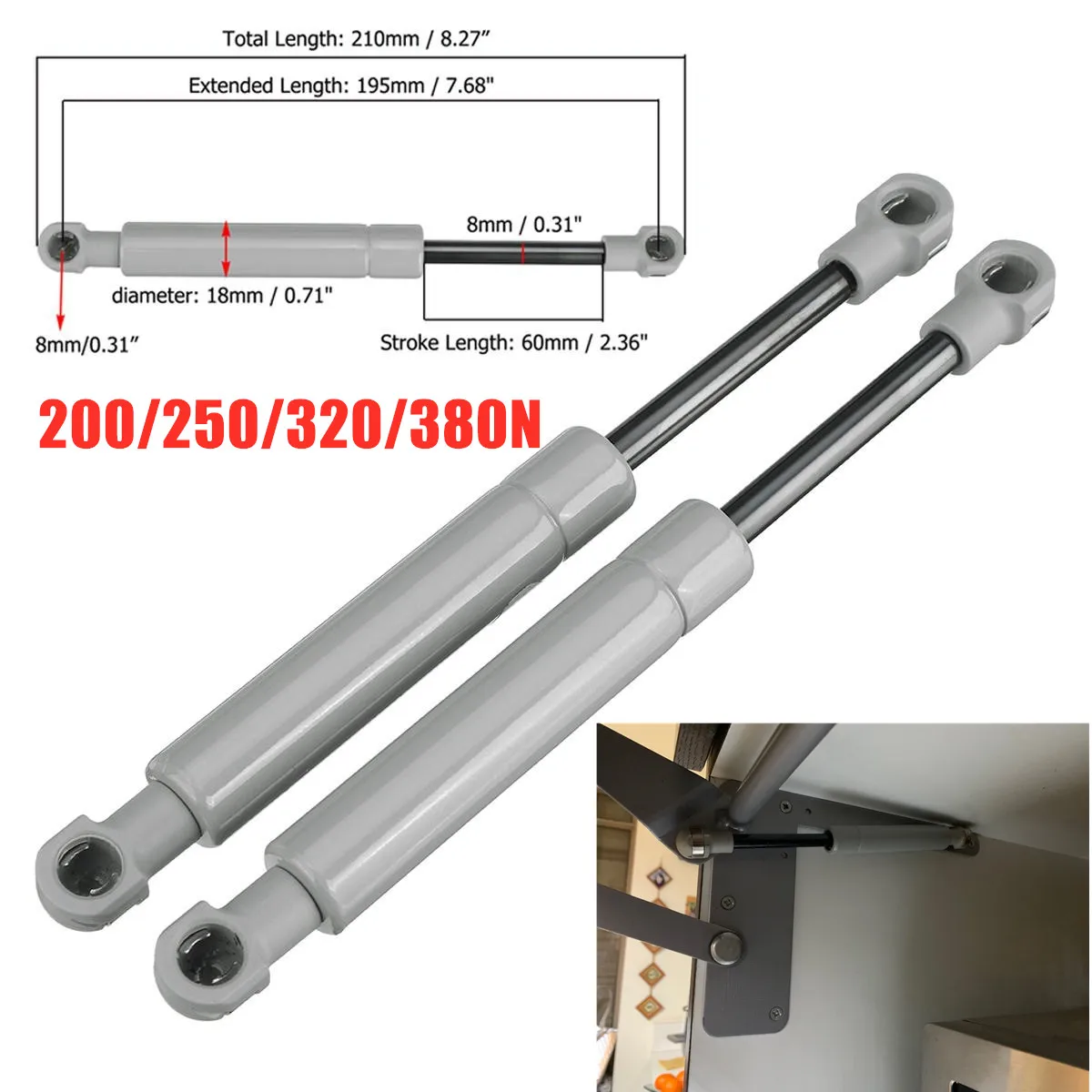 2pcs 200-380N Car Gas Strut Bars Gas Spring Hood Support Rod Shock Lift ...