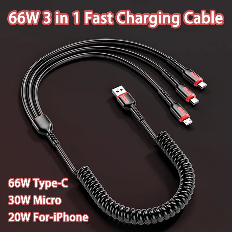 3-in-1-66W-Fast-Charging-Type-C-Cable-Micro-USB-Car-Spring-USB-Cable ...
