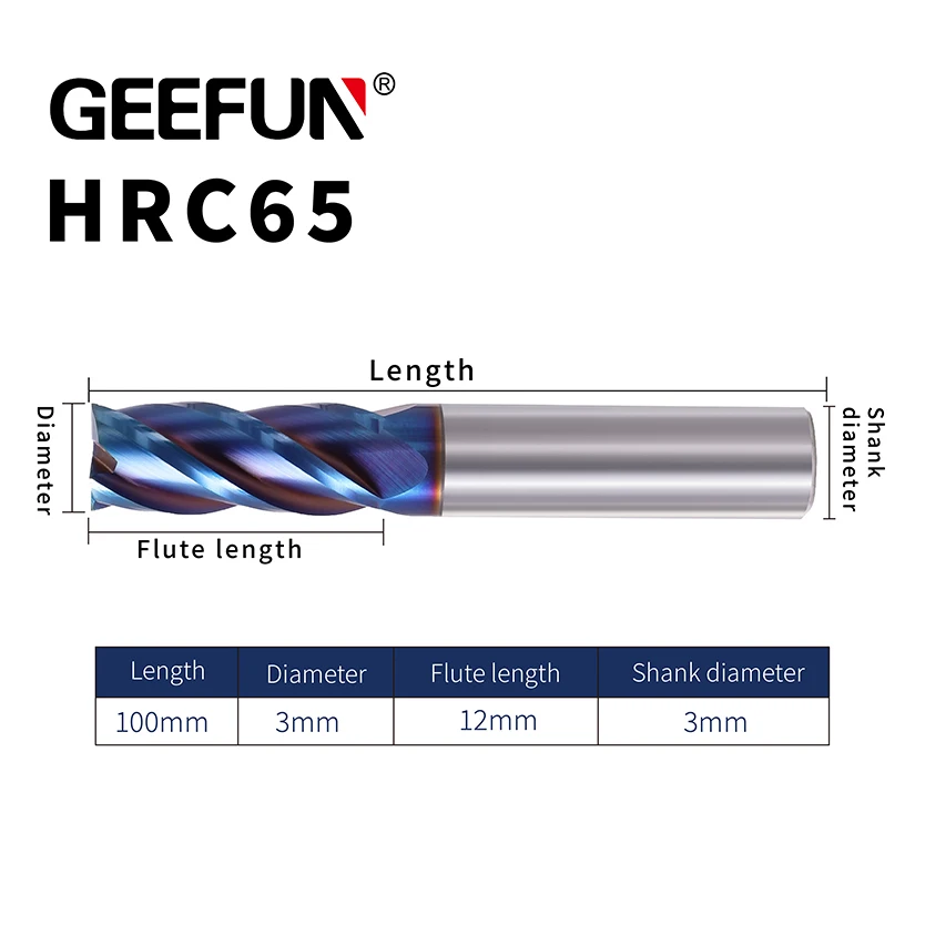 GEEFUN D.i.a 3mm/길이 100mm 카바이드 엔드 밀 HRC65 블루 나노 코팅 스테인레스 스틸 절단 용 ...