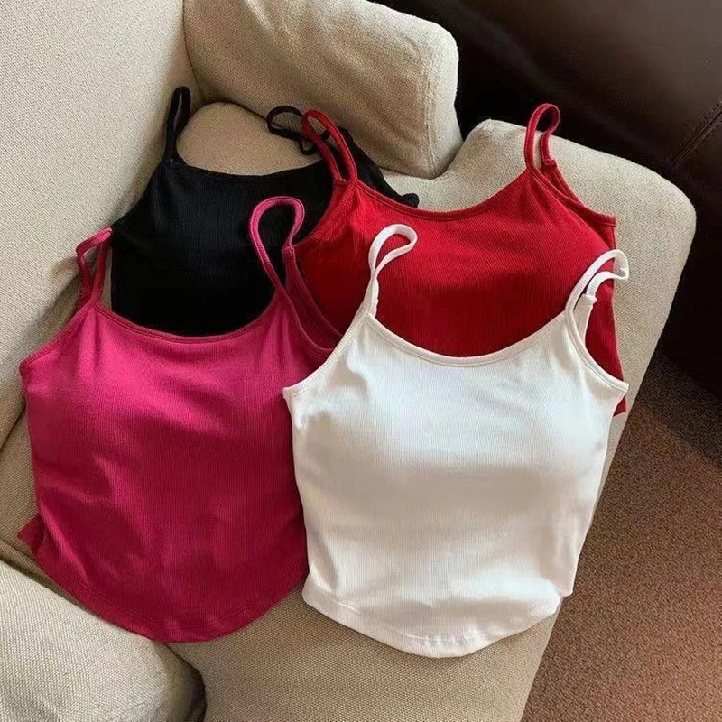 Summer-Camis-Tank-Casual-Tops-Women-With-Built-In-Bra-Spaghetti-Strap ...