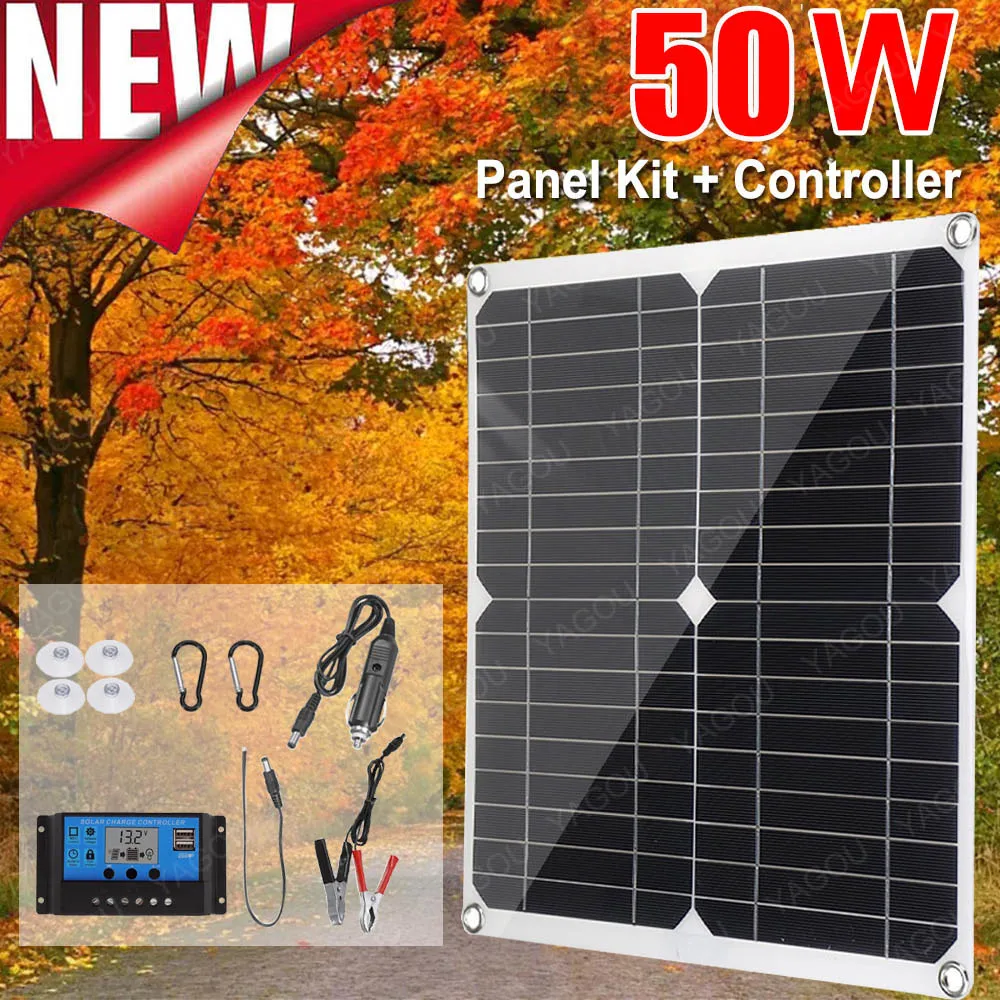 태양 전지 패널 50w 키트 완전 태양 컨트롤러 12v 안전 충전 2 Usb 포트 백업 충전기 배터리 전화 자동차 Rv 캠핑