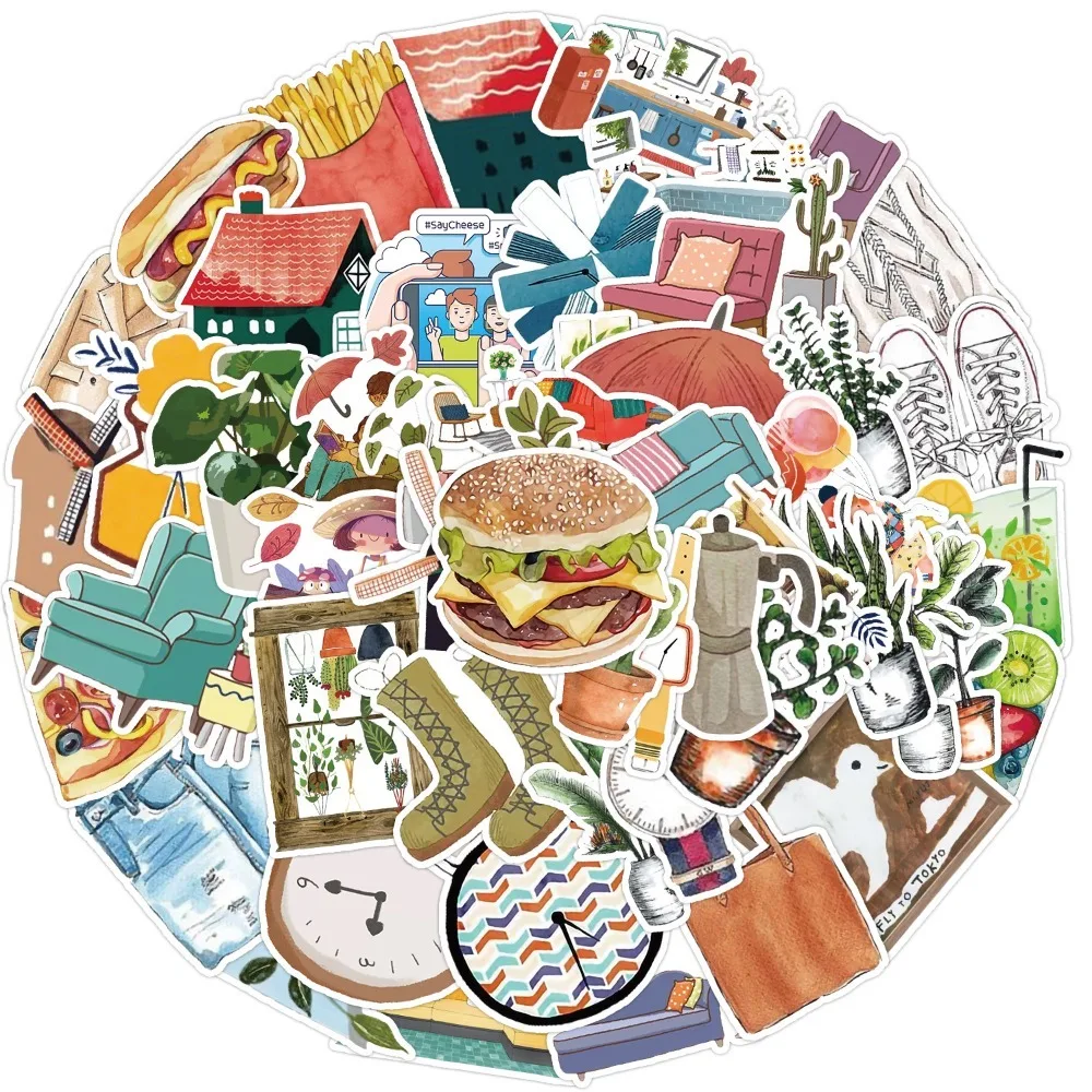 10-50Pcs-Vintage-Watercolor-Retro-Small-Object-Graffiti-Stickers ...