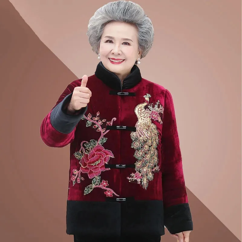Middle Aged Elderly Grandma Cotton Coat Winter O-Neck Long Sleeve ...