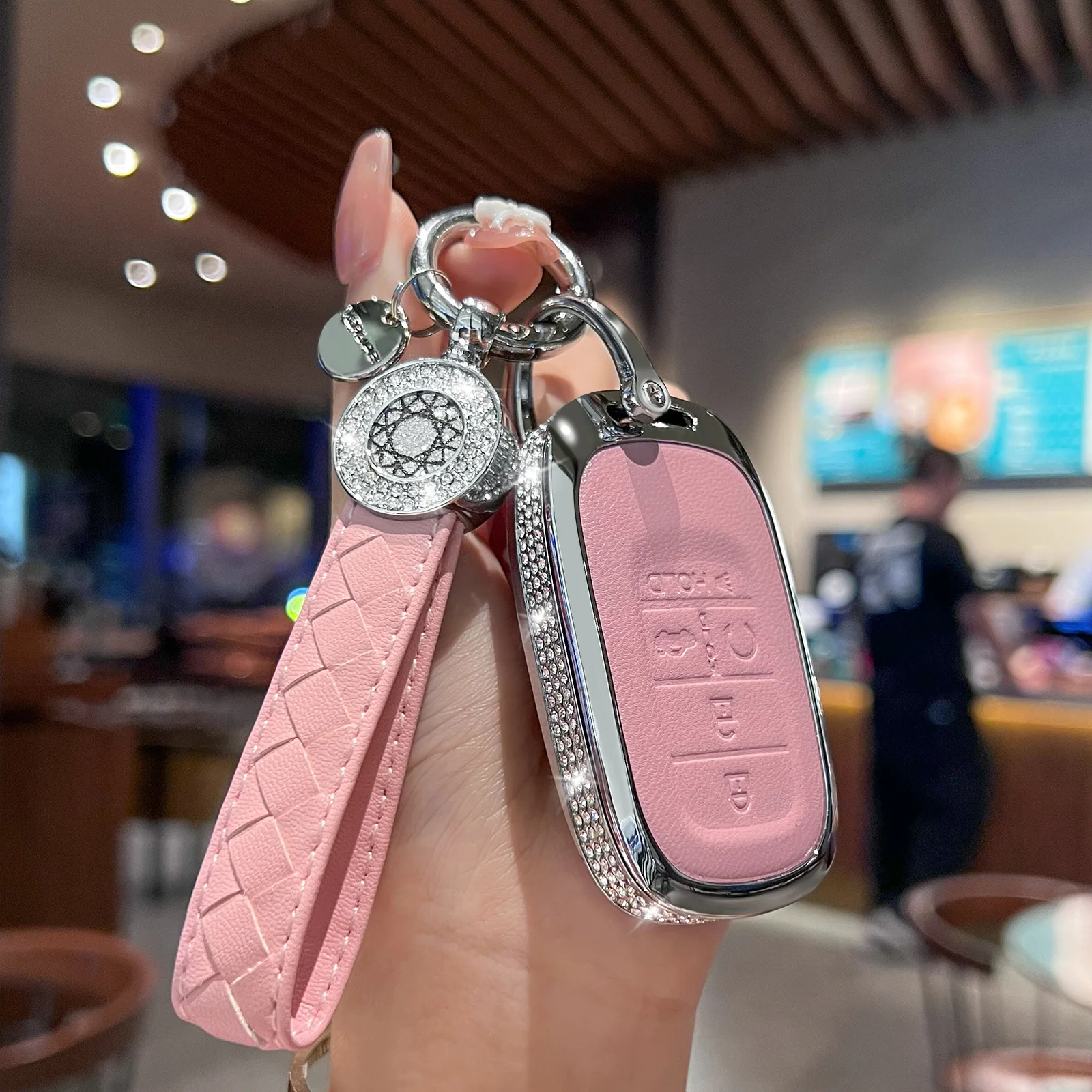 for Honda Key Fob Cover with Keychain, Pink Genuine Leather Crystal Key ...