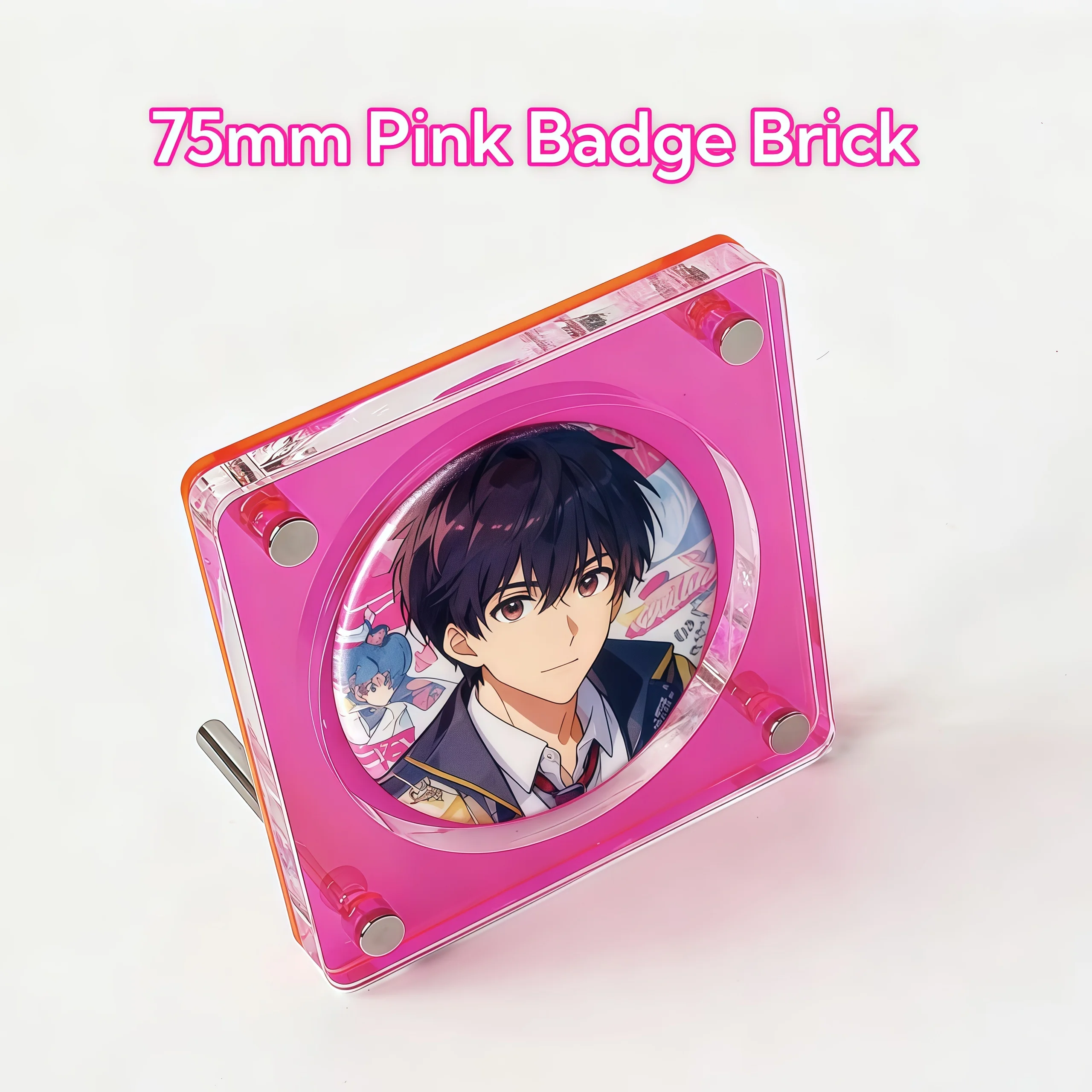 1-cell Pink Acrylic Badge Display Stand for 75mm Anime Pin Clear ...