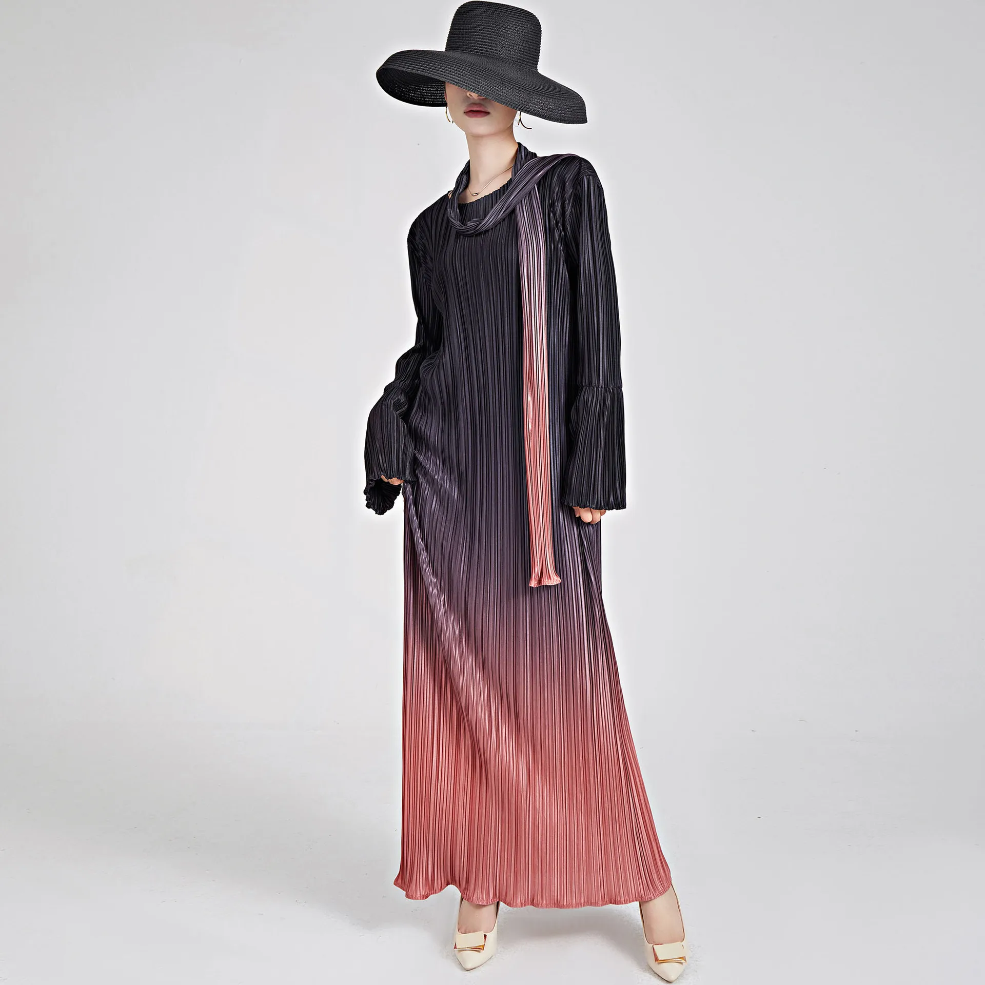 Gradient-Long-Sleeve-Pleated-Belt-Dress-Women-s-Round-Neck-Flare-Sleeve ...