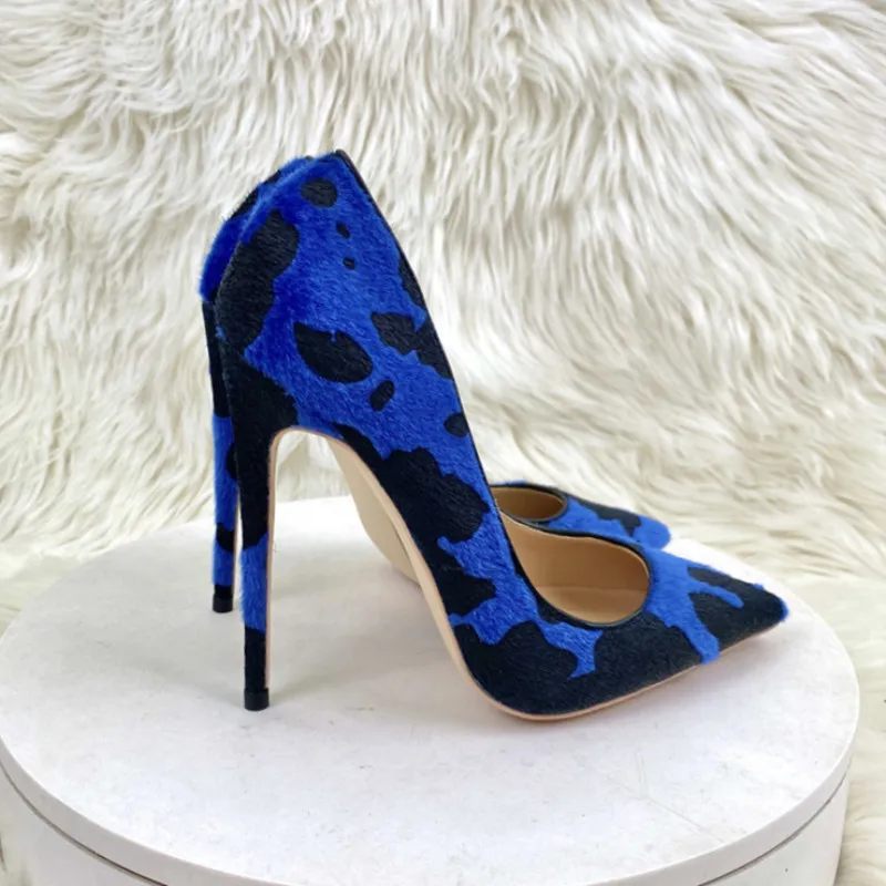 Blue-Flock-Women-Pumps-High-Heel-Slip-on-Floral-Stiletto-Pumps-Pointy ...