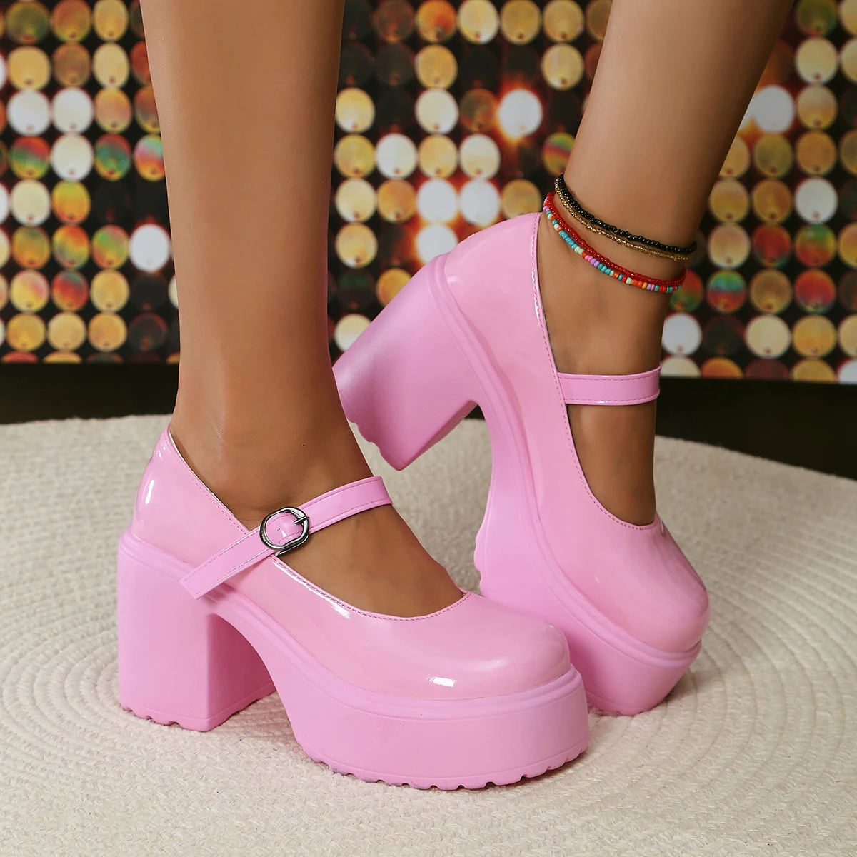 Hot-Pink-Princess-Shoes-for-Women-Chunky-Platform-Super-High-Heels-Mary ...