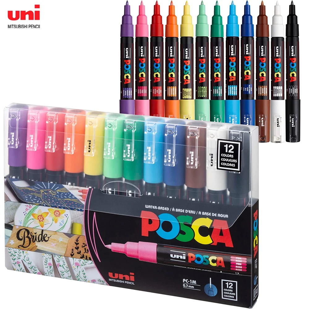 Japanese Uni Posca Acrylic Paint Pen Marker, PC-1M 12C Set 0.7mm Extra ...