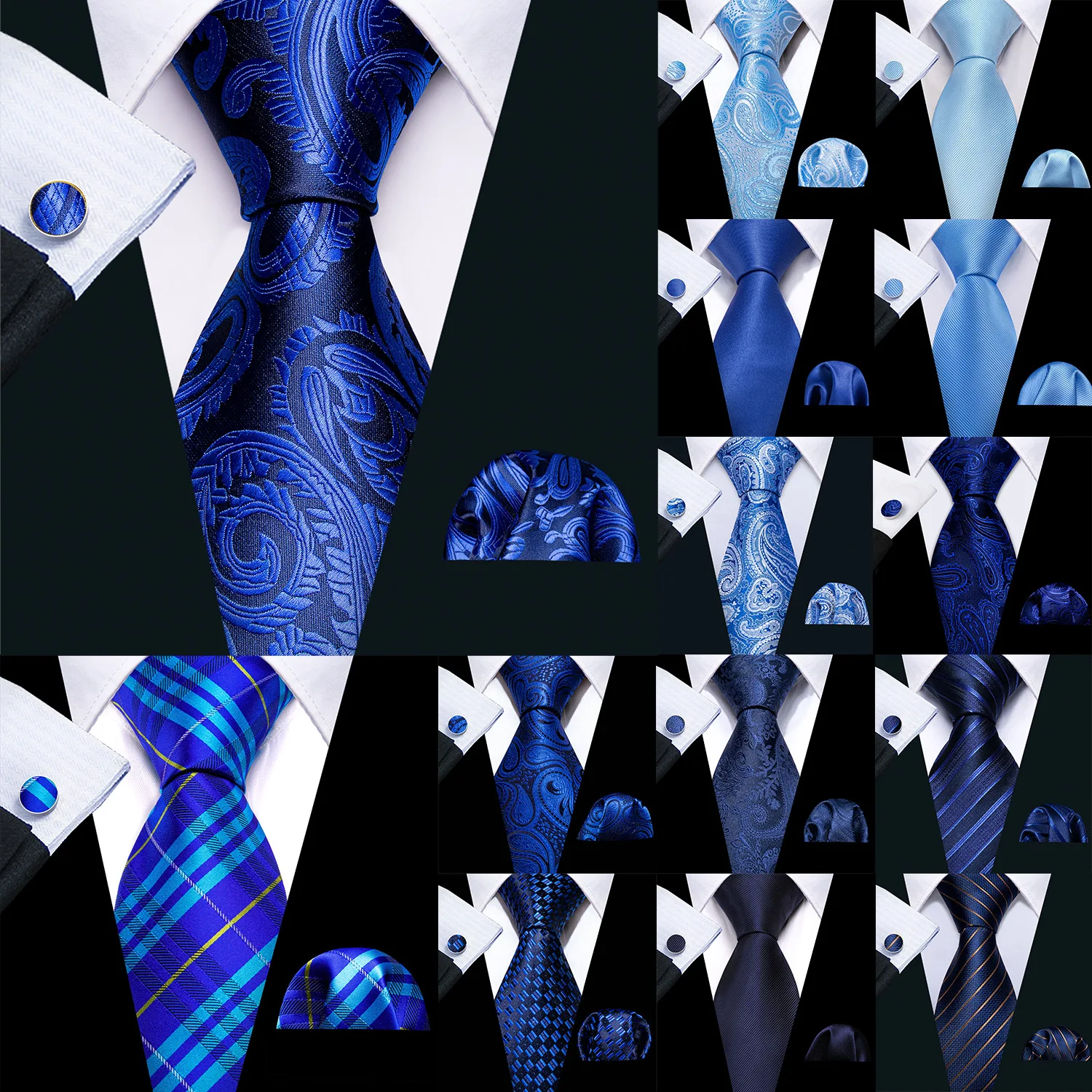 Barry.Wang Navy Royal Sky Blue Silk Men Tie Hanky Cufflinks Set ...