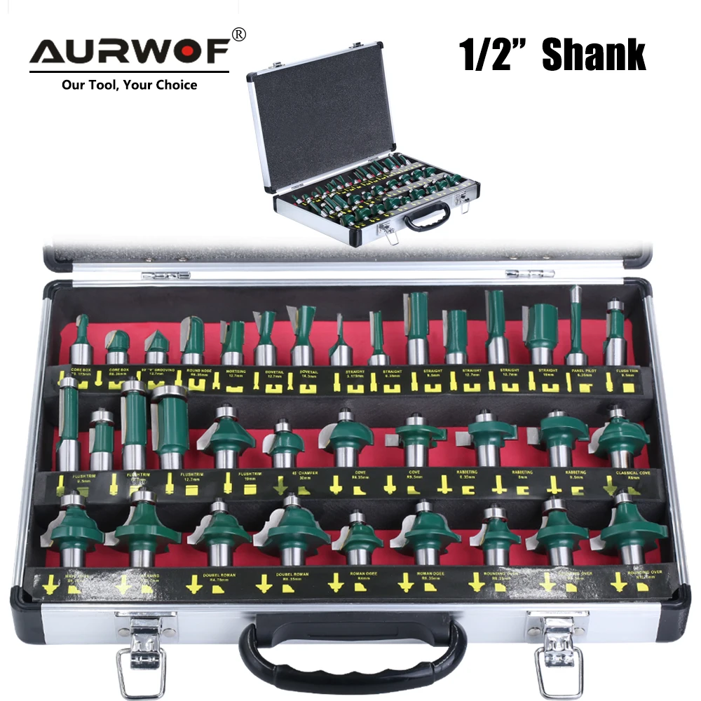 AURWOF 35PCS 1/2 Inch Shank Woodworking Router Bit set Milling Cutter ...