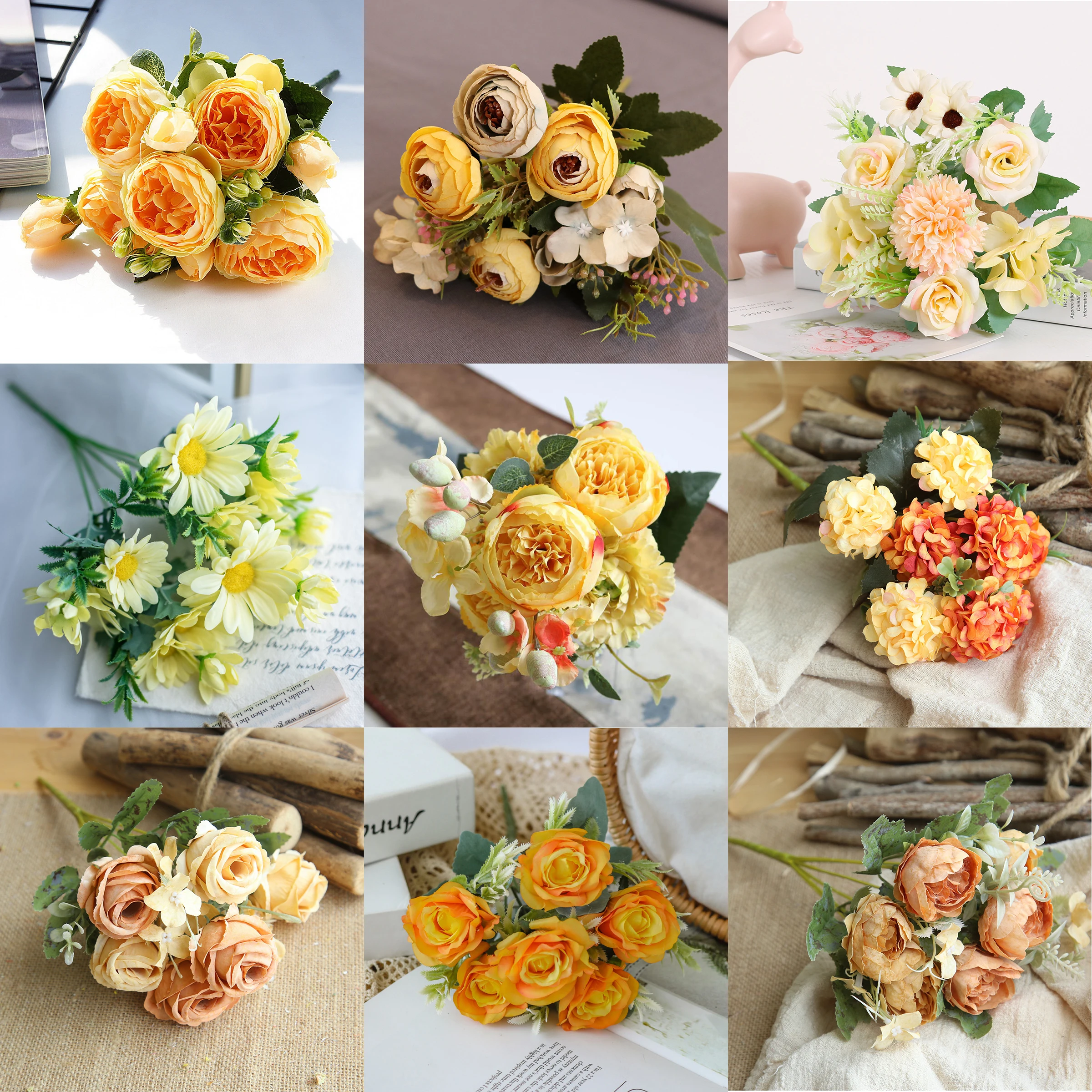1-Bouquet-yellow-Artificial-Flowers-Peony-Tea-Rose-Autumn-Silk-Fake ...