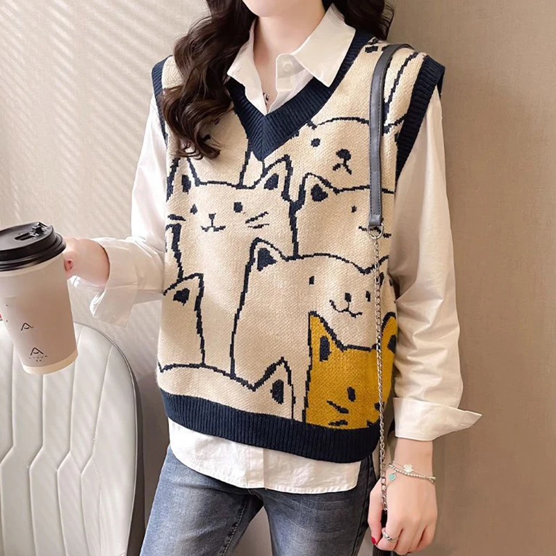 EVNISI-Women-Cat-Printed-Cute-Sweater-Vest-Knit-V-Neck-Casual ...