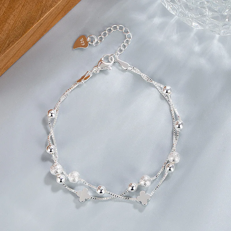 Sterling-Silver-Color-Double-Layers-Bracelets-for-Women-Four-Leaf-Clove ...