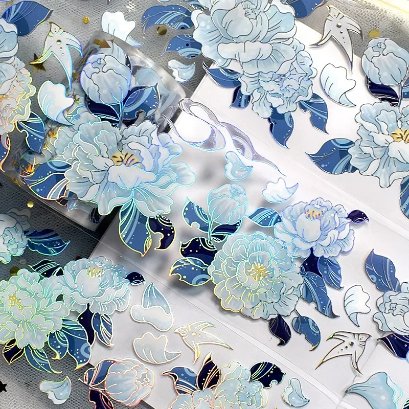 1Roll 2m Blue Flower Washi PET Tape Planner Laser Gold Foil DIY ...