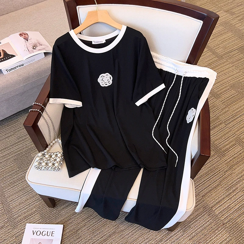 155Kg Plus Size Women's Bust 170 Summer Loose Short Sleeve T-shirt Cropped Pants Fashion Casual ...