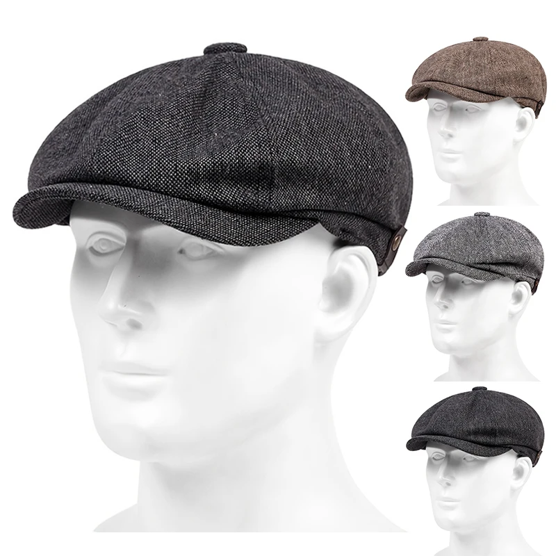 Spring Autumn linen Fashion berets hat solid color Men octagonal hats ...