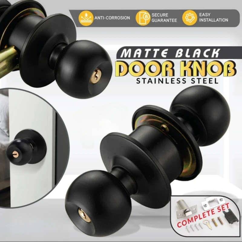 Matte Black Door Knob 35-50 Thick Stainless Steel Ball Lock Cylindrical ...