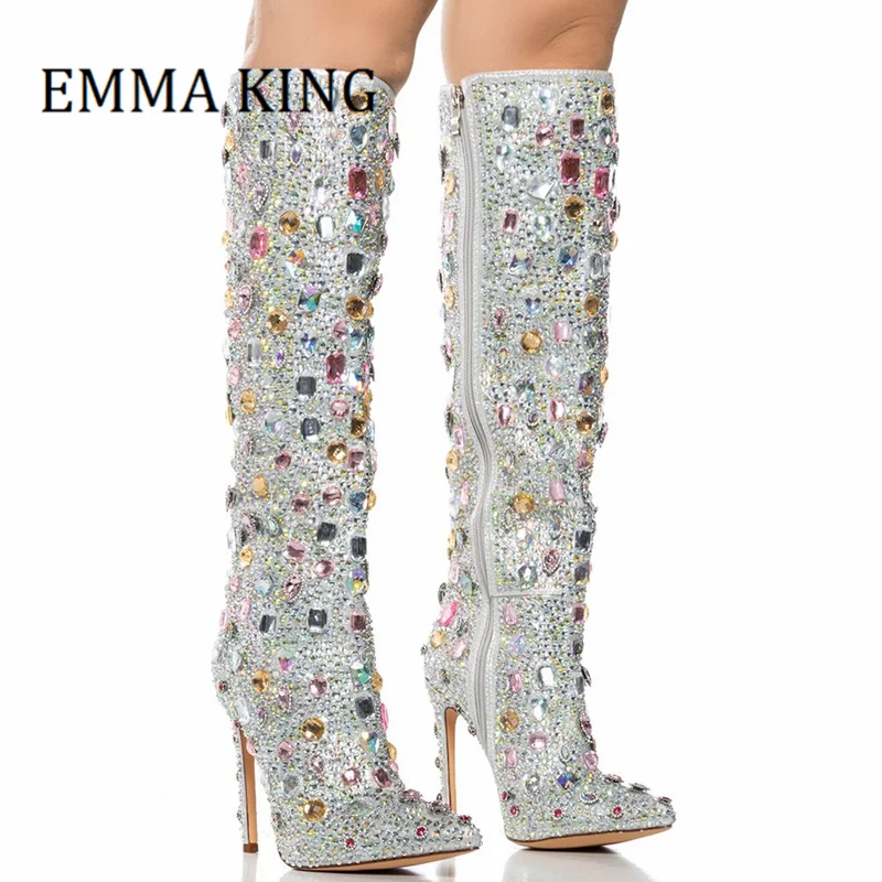 Women-Rhinestone-Knee-High-Boot-Sexy-Pointy-Toe-Stiletto-Heel-Gemstone ...