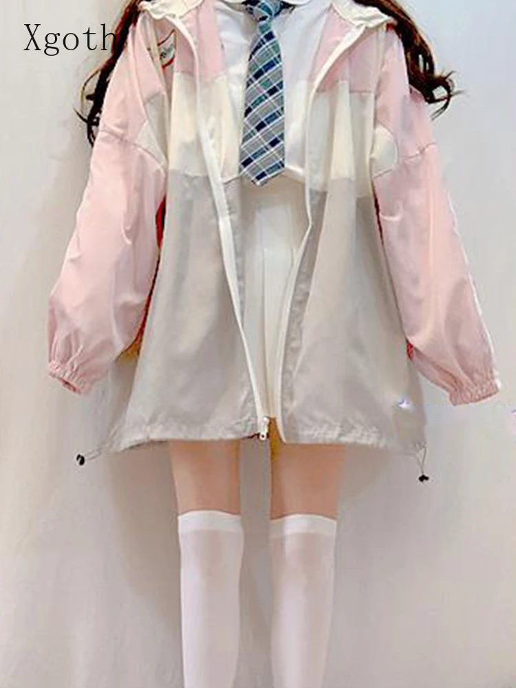Xgoth chaqueta con capucha de Japón para niñas, ropa de protección solar Preppy coreana, suelta ...