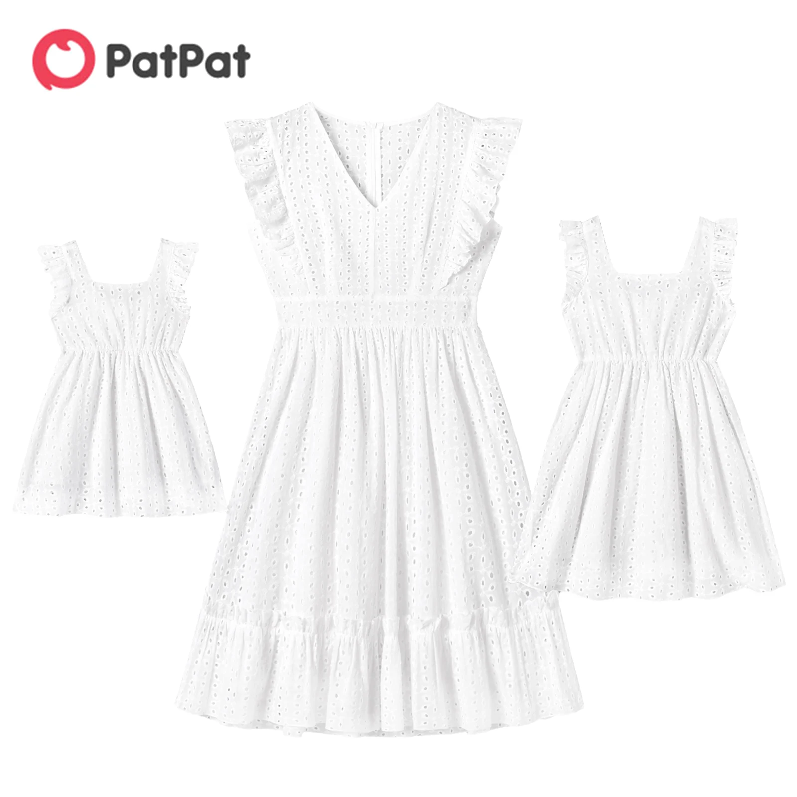 PatPat 100% Cotton Family Matching Outfits White Hollow-Out Floral Embroidered Ruffle Sleeveless ...