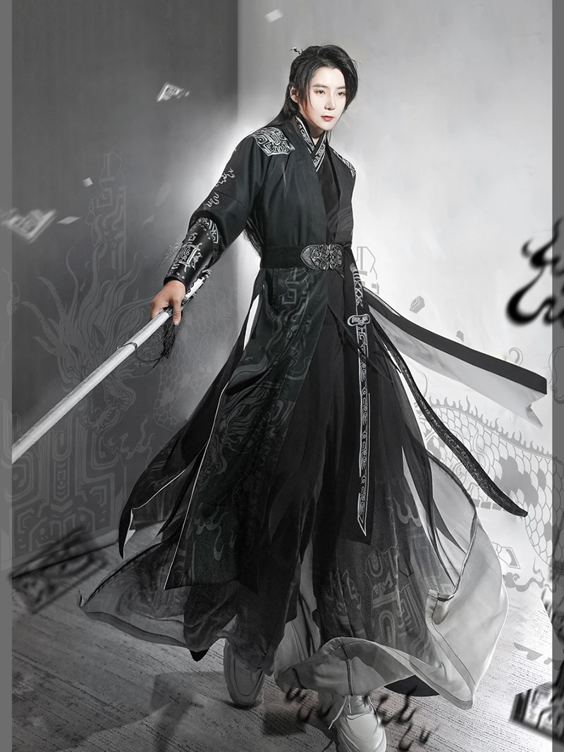 Chinese Hanfu Suit Men Large Size 4XL Black Gradient Hanfu Shirt+Pants ...