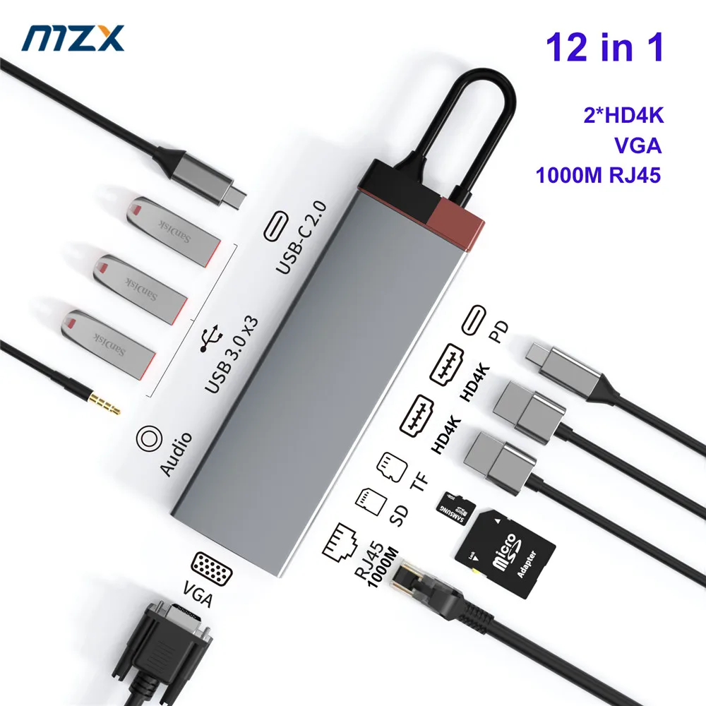 Estación de acoplamiento 12 en 1, concentrador de acoplamiento USB, 1000M, RJ45, Ethernet, HD ...