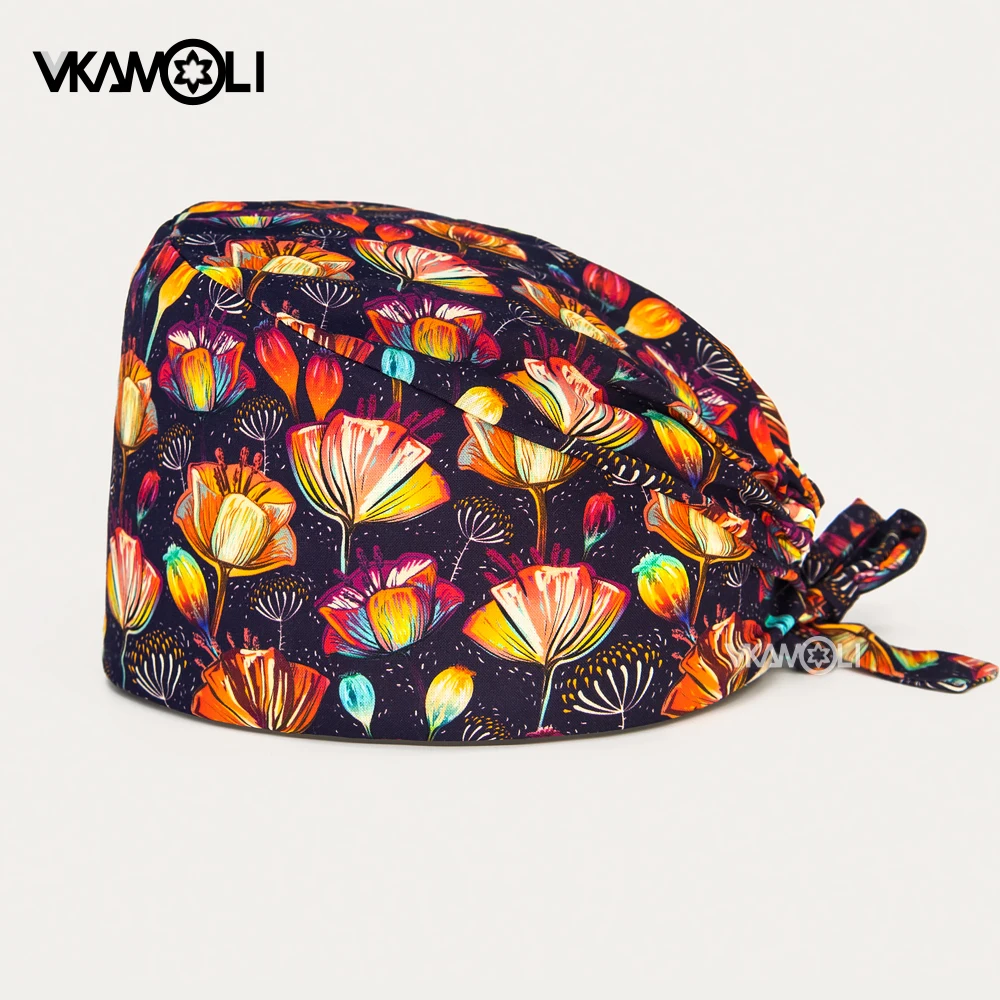 Flower-print-scrub-hat-women-Nurse-Scrubs-Cap-Adjustable-Cotton-Nursing ...
