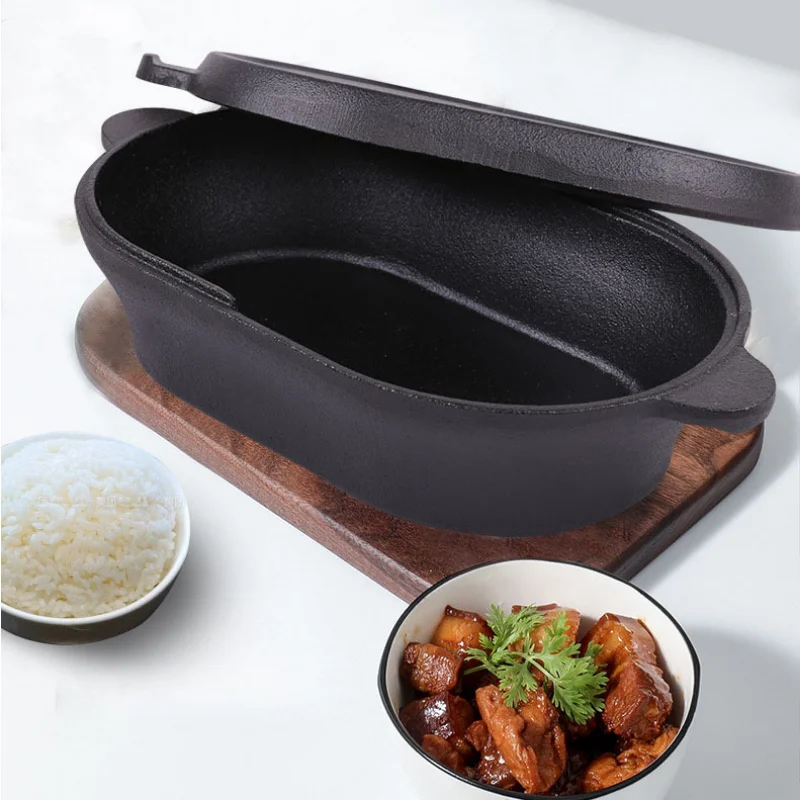 Cast-Iron-Oval-Frying-and-Stewing-Dual-Purpose-Pan-Flat-Bottom-Cover ...