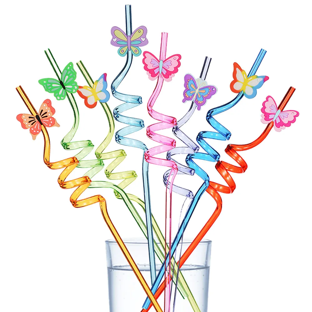 8pcs-Cartoon-Butterfly-Plastic-Drinking-Straw-Reusable-Spiral-Straw ...