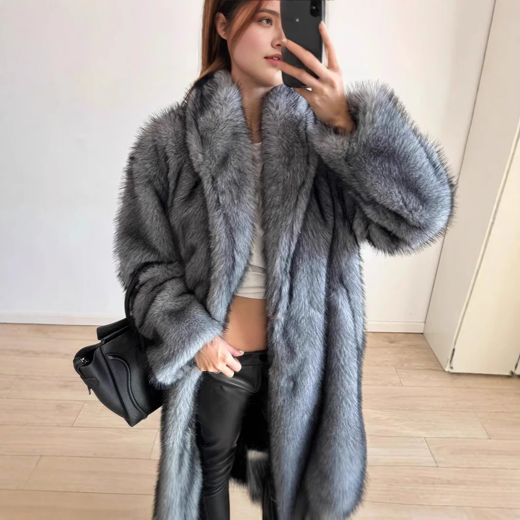 Retro Long Women Winter Eco Fur Jack Turrn Down Collar Artificial ...