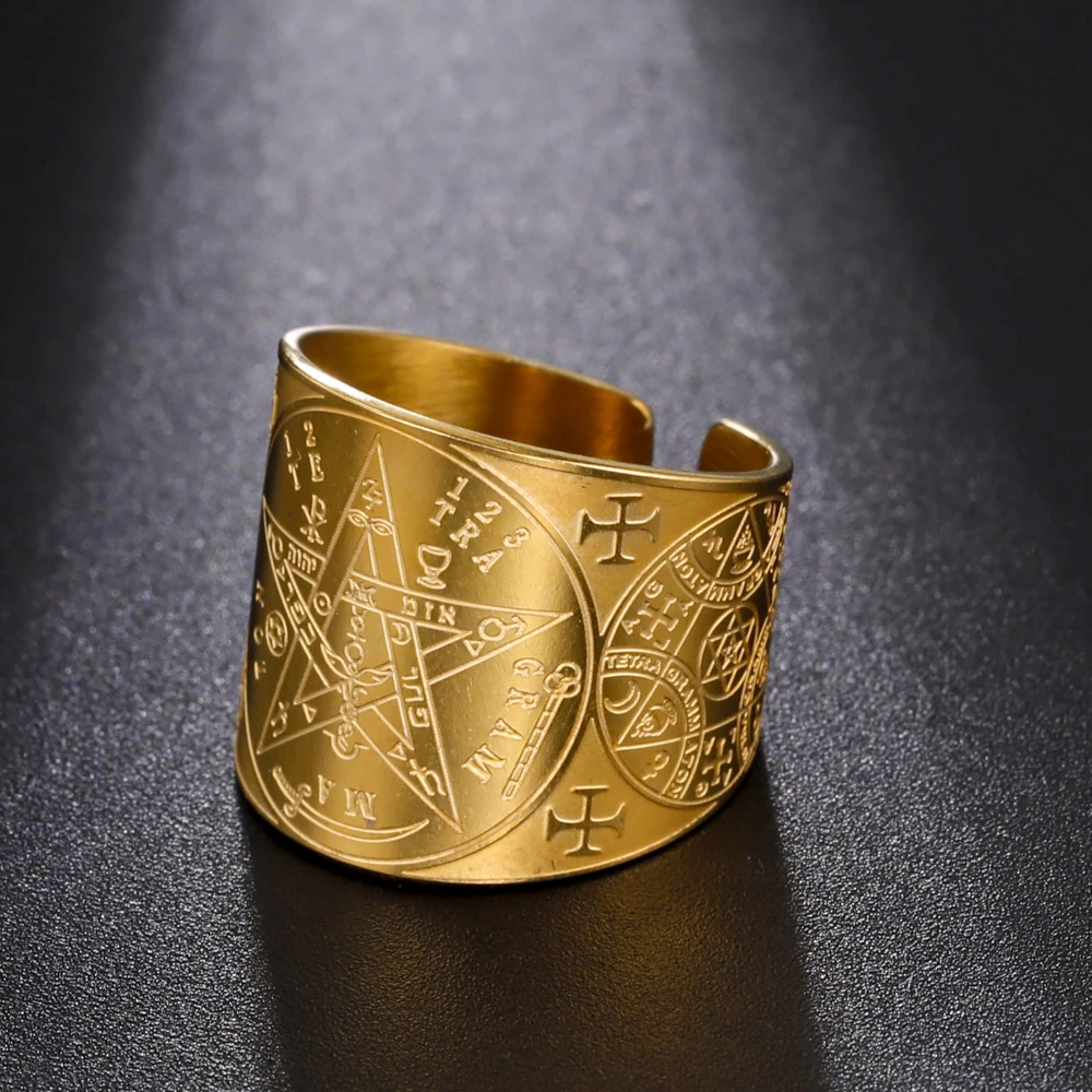 Dawapara 테트라그램 마톤 반지 오각형 부적 펜타클 반지, 고대 신의 권력 이름 스테인레스 스틸 솔로몬 위칸 주얼리 ...