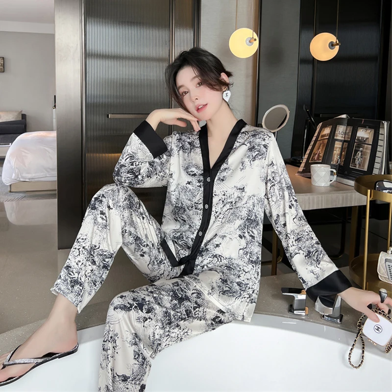 Ink Painting Women Silk Pajama Set 2 Pieces V Neck Ladies Summer ...