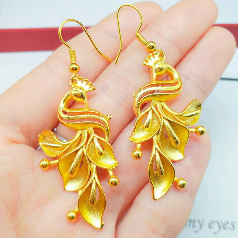 Pendientes-de-F-nix-de-oro-999-para-mujer-aretes-de-pavo-real-de-24K ...