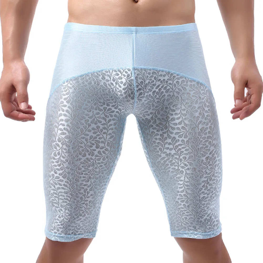 Men Long Leg Underpants Sexy Lace Jacquard Weave Underwear See Through