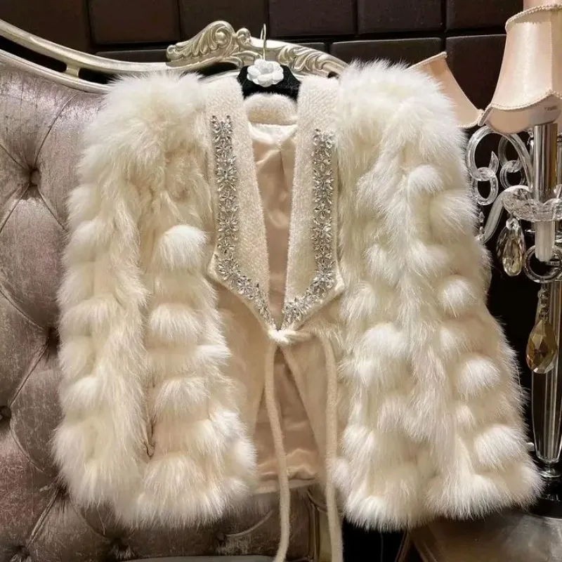 Winter Luxury Thickened Fox Mink Fur Coat Diamonds Beaded Imitation Fox ...