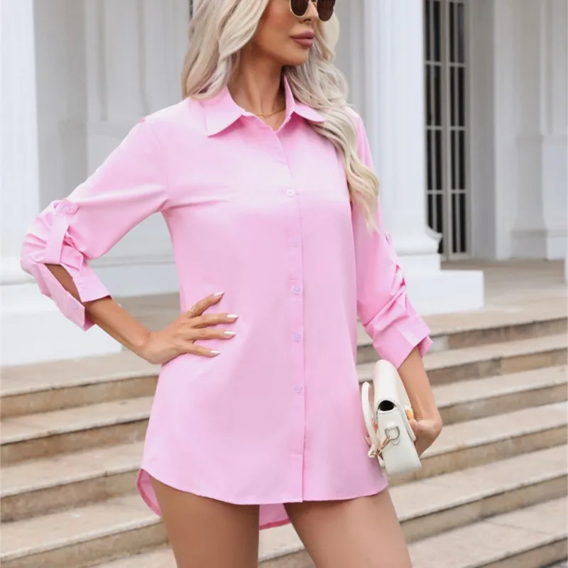 Women's Pink Shirt Casual Loose Solid Color Long Spring and Summer Long ...